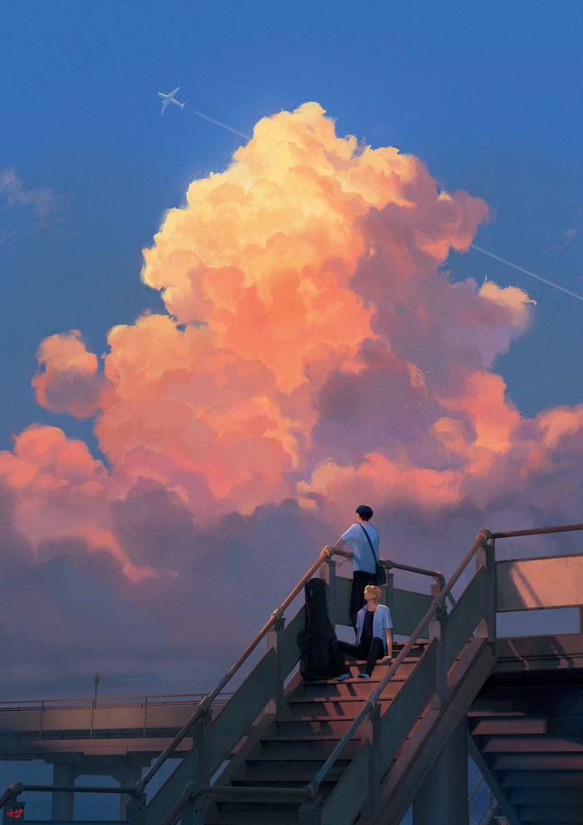 Safebooru - 2boys aircraft airplane black hair blonde hair contrail ...