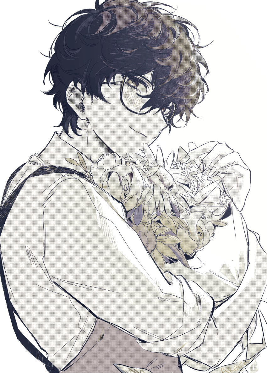 Safebooru - 1boy amamiya ren apron blush bouquet closed mouth flower glasses greyscale hair ...