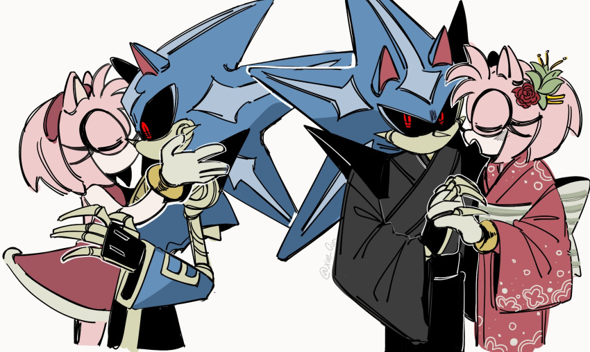 Safebooru - 1boy 1girl alternate costume amy rose animal ears animal nose black kimono black ...