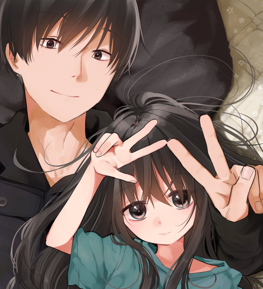 Safebooru - 1boy 1girl aqua shirt bad id bad twitter id black eyes black hair black jacket ...