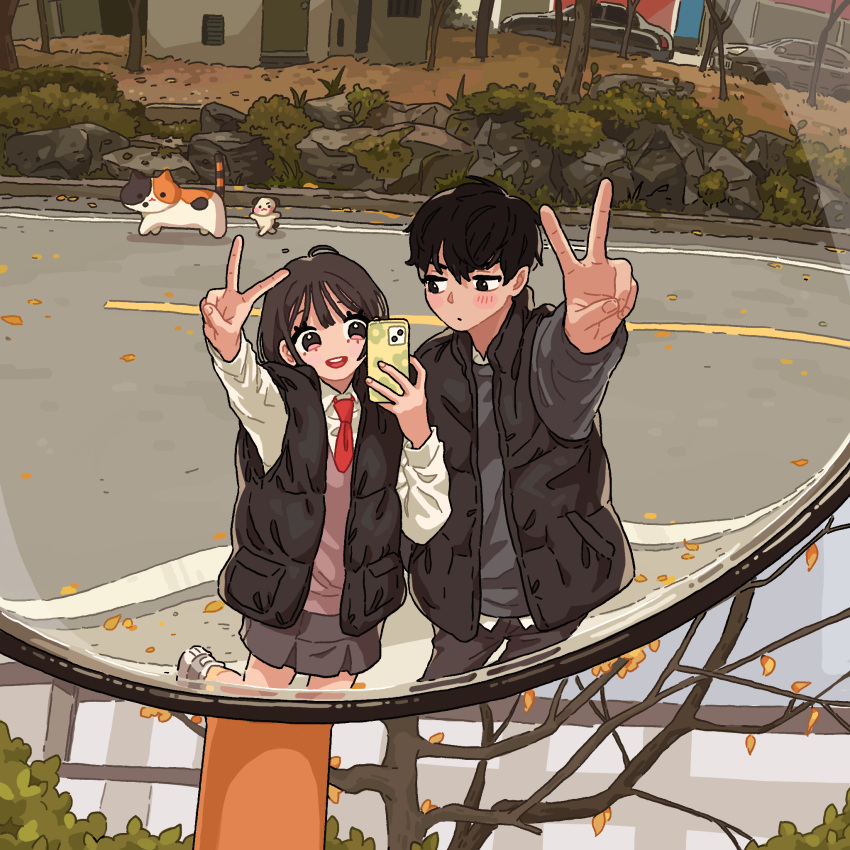 Safebooru - 1boy 1girl black eyes black hair black jacket brown eyes brown sweater vest car cat ...