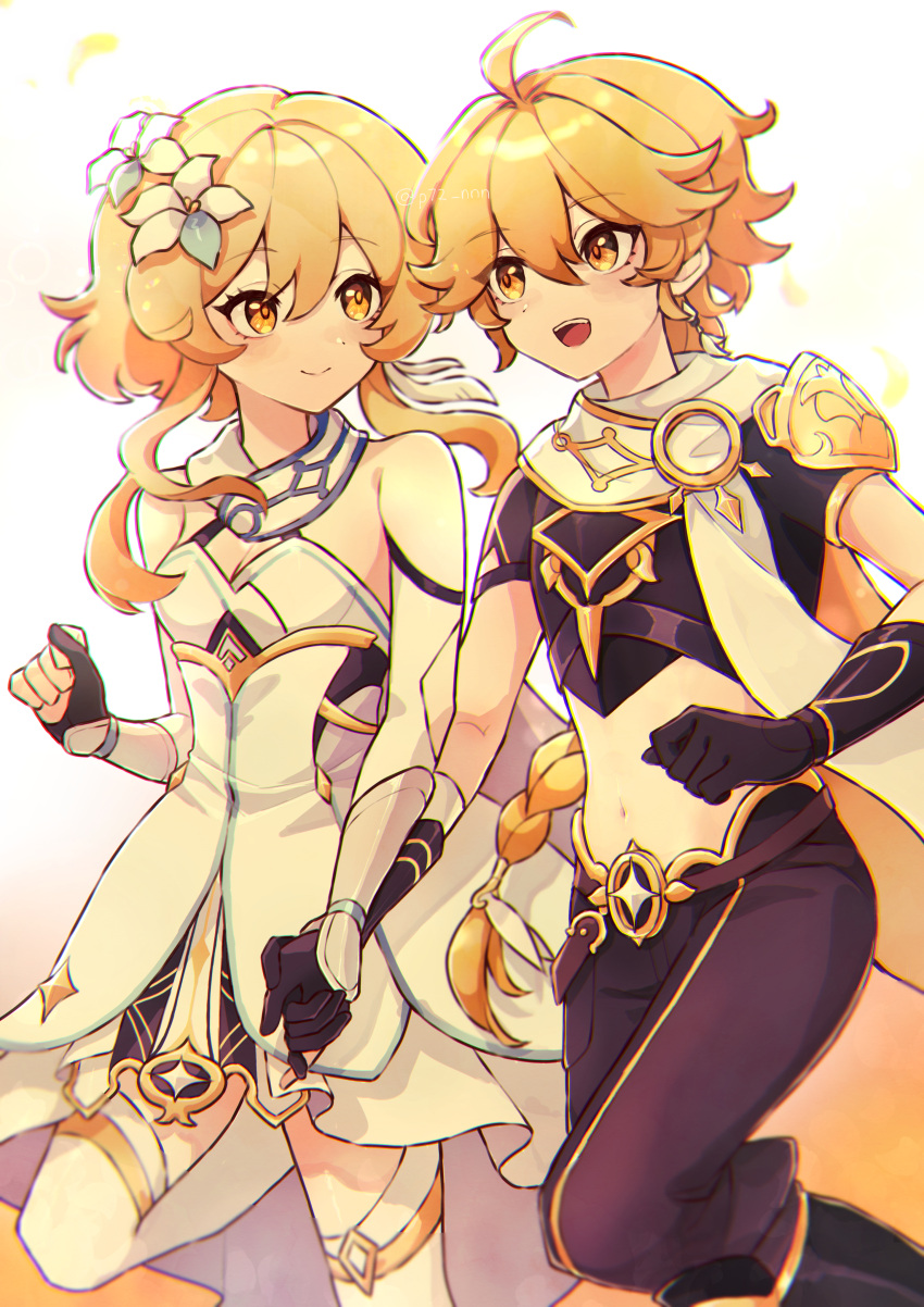 Safebooru - 1boy 1girl :d absurdres aether (genshin impact) ahoge alternate eye color alternate ...