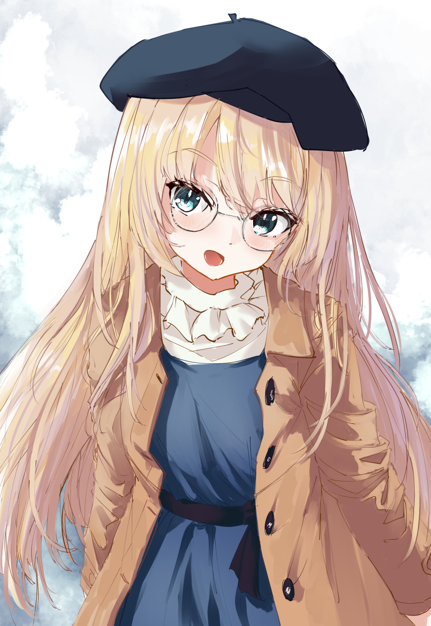Safebooru - 1girl absurdres beret bespectacled black headwear blonde hair blue dress blue eyes ...