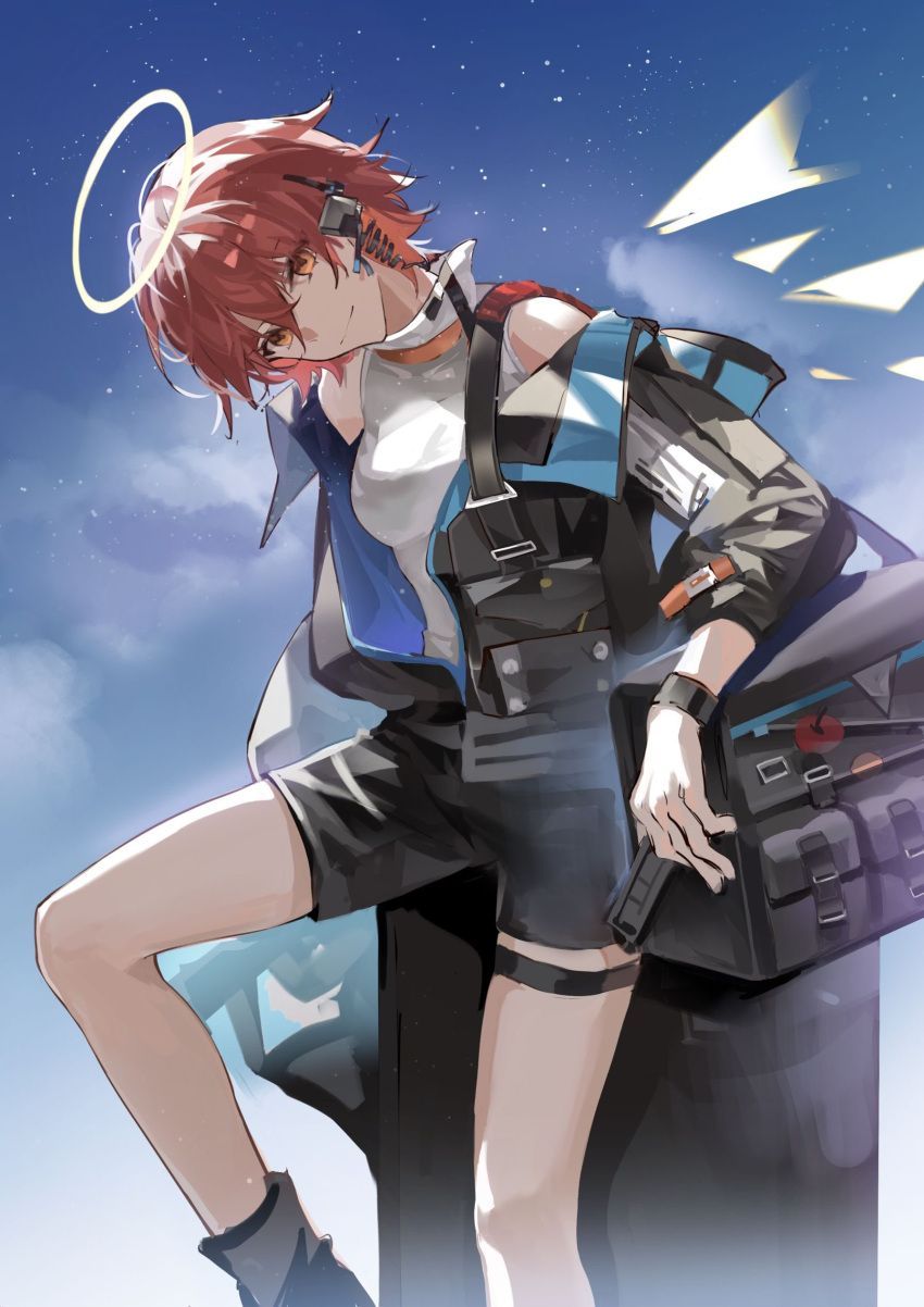 Safebooru - 1girl absurdres arknights bag black jacket black shorts blue sky detached wings ...
