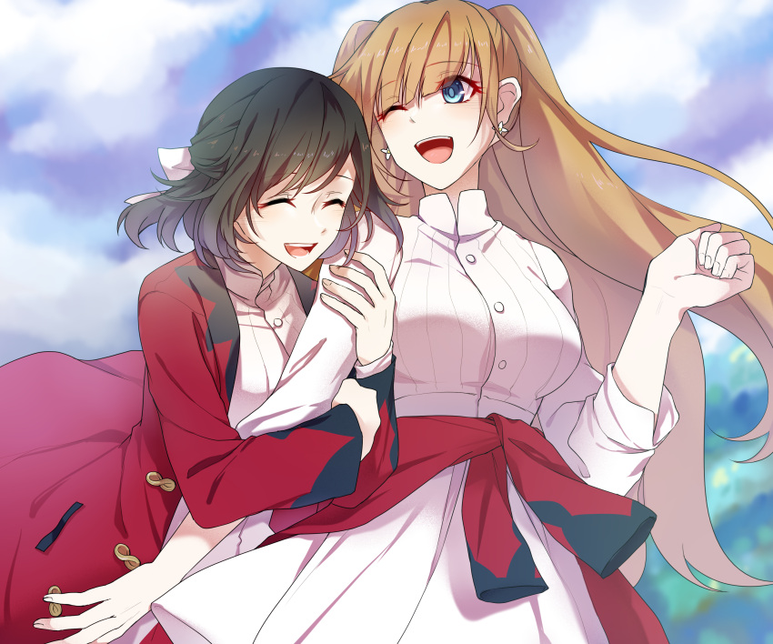 Safebooru - 2girls absurdres arm hug black hair blazer blue eyes blue sky chikong ice closed ...