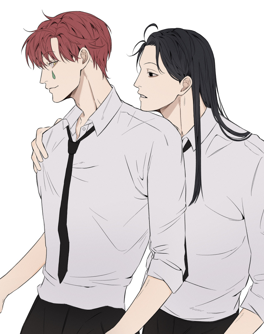 Safebooru - 2boys absurdres black eyes black hair black necktie black pants closed mouth ...