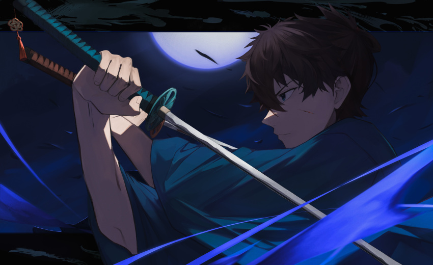 Safebooru - 1boy absurdres black hair blue eyes blue kimono dual ...