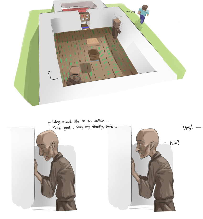 Safebooru - 1girl 2boys ? absurdres bald bed block (minecraft) blue ...