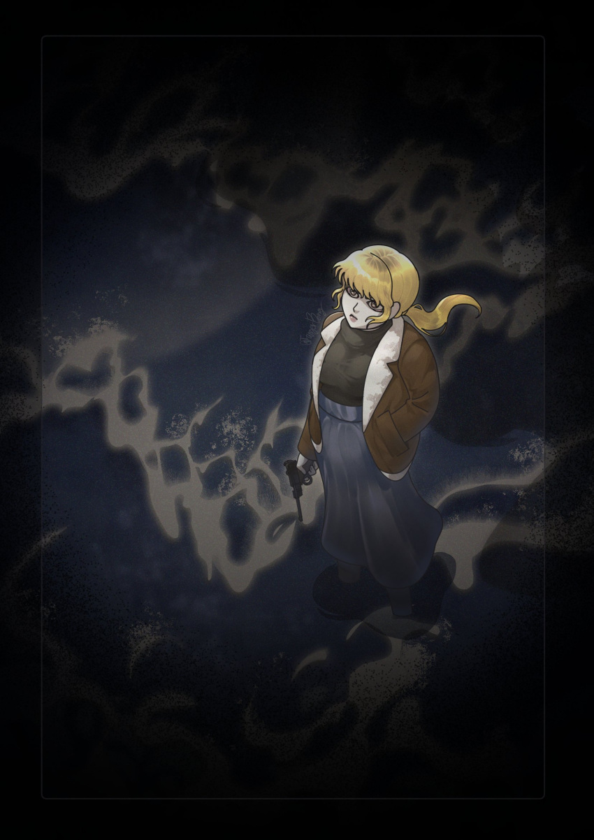 Safebooru - 1girl black sweater blonde hair blue skirt bomber jacket ...