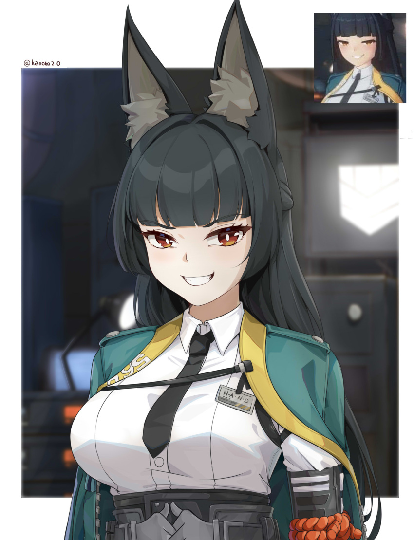 Safebooru - 1girl absurdres animal ears black hair black necktie blue coat closed mouth coat ...