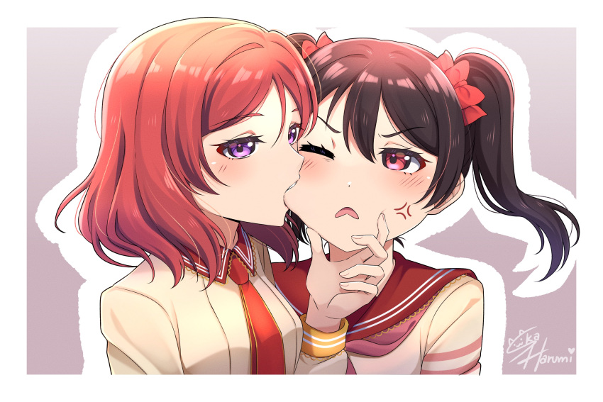 Safebooru - 2girls anger vein biting biting cheek black hair blush bow ...