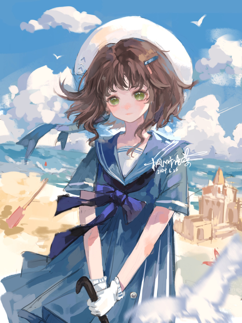 Safebooru - 1girl absurdres artist name beach beret bird blue bow blue bowtie blue dress blue ...