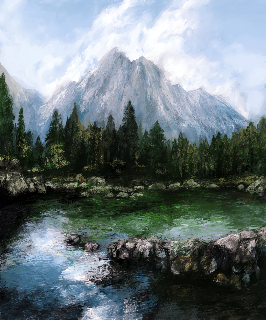 Safebooru - absurdres day forest highres lake landscape mitsuaki takeuchi mountain nature no ...