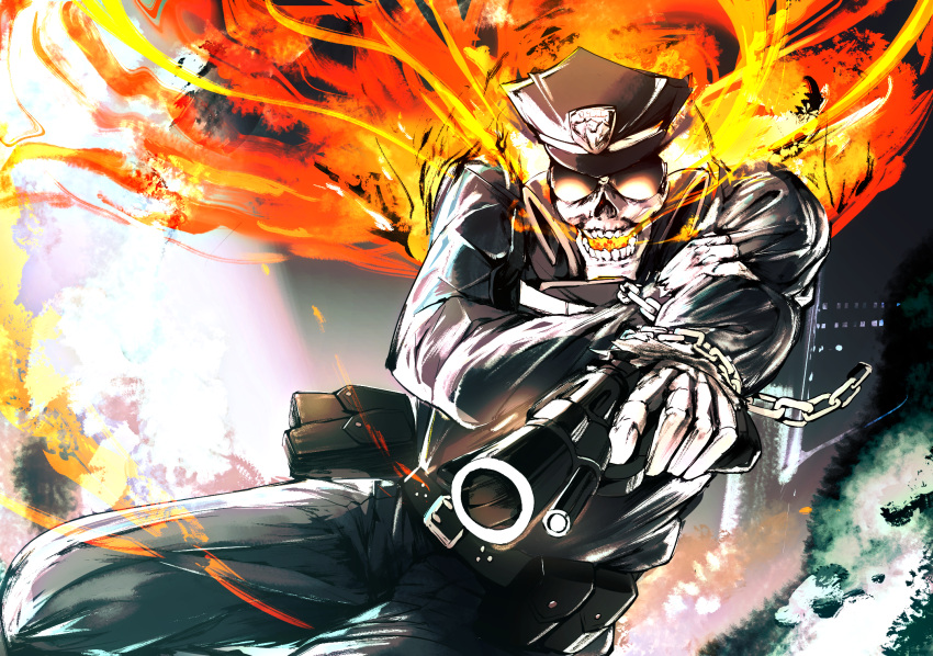 Safebooru - 1boy cent u chain fire flaming skull gun hat highres ...