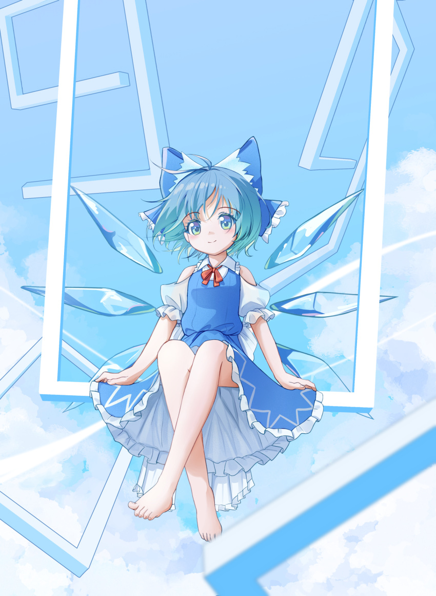 Safebooru - 1girl absurdres blue bow blue dress blue eyes blue hair blue sky bow cirno cirno day ...