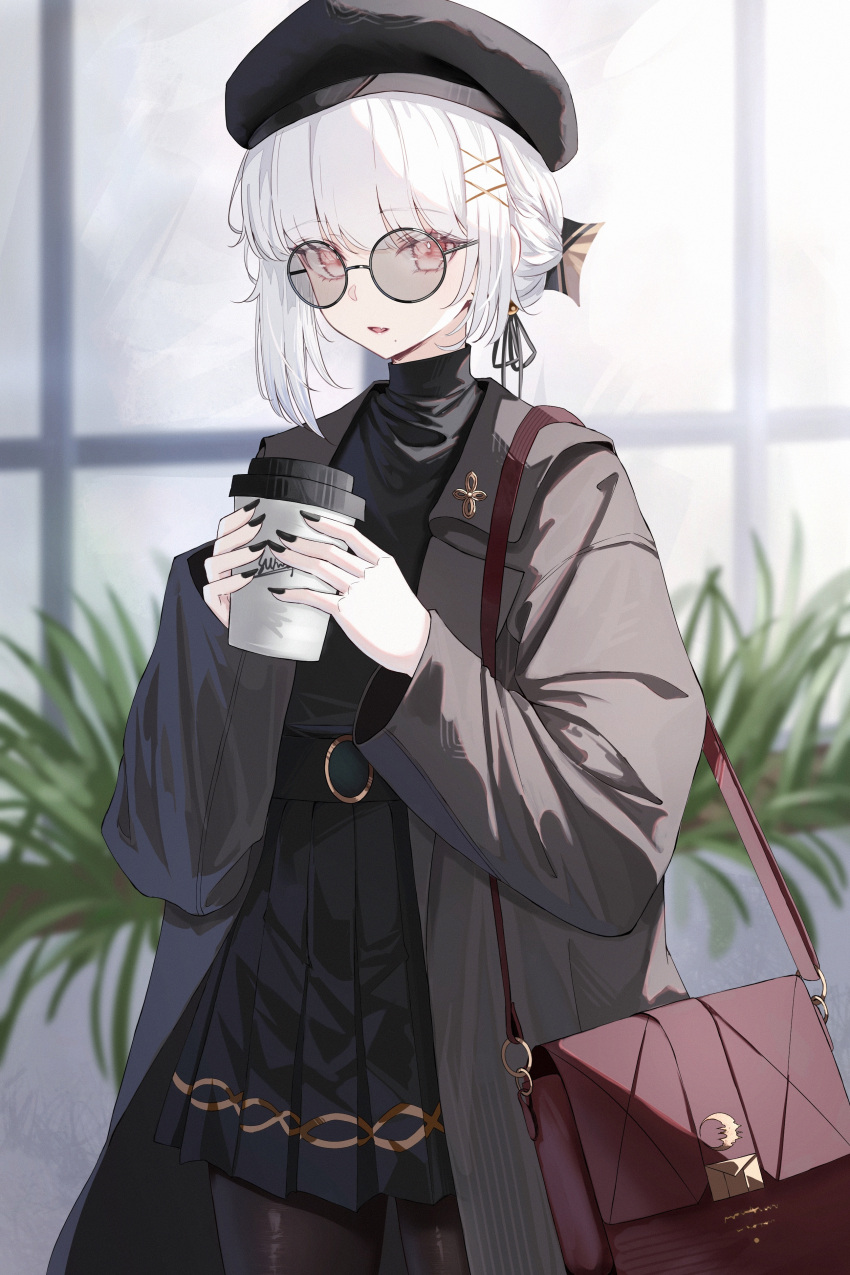 Safebooru - 1girl absurdres alternate costume bag beret black coat black hat black nails black ...