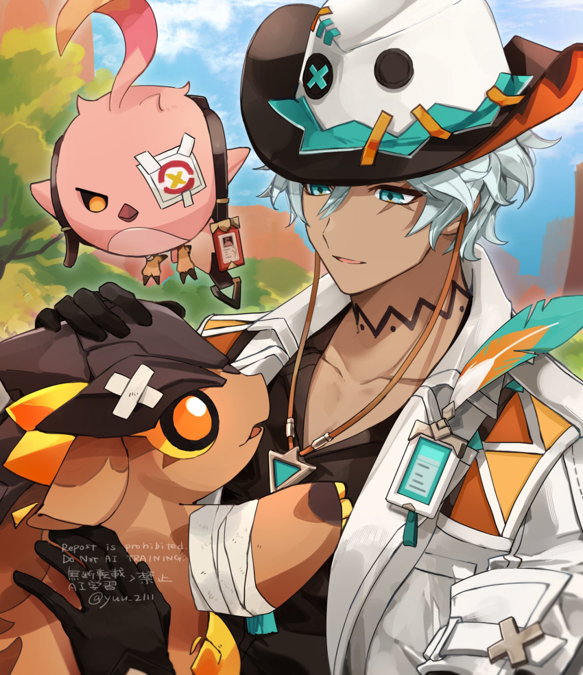 Safebooru - 1boy aqua eyes artist name bandaged arm bandages bandaid black shirt blue sky cacucu ...