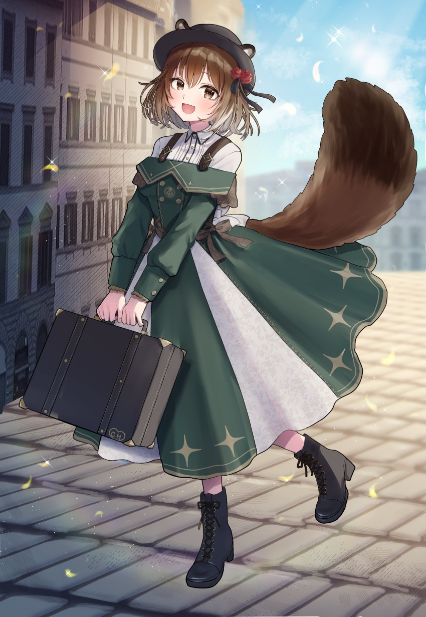 Safebooru - 1girl :d absurdres black hat black shoes blurry blush ...