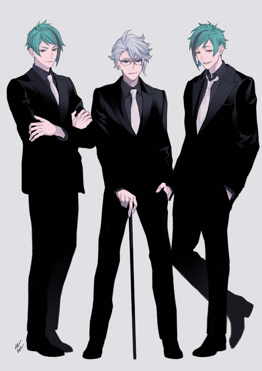 Safebooru - 3boys azul ashengrotto black hair black jacket black shirt black suit brothers cane ...