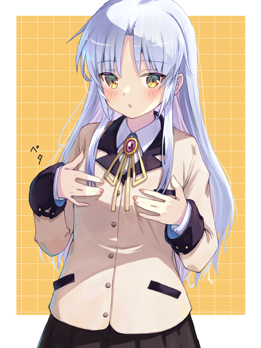 Safebooru - 1girl :o \||/ akayama yukihe angel beats! black skirt blush border breast conscious ...