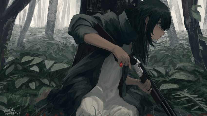 Safebooru - 1girl absurdres black hair black jacket dated dress ...