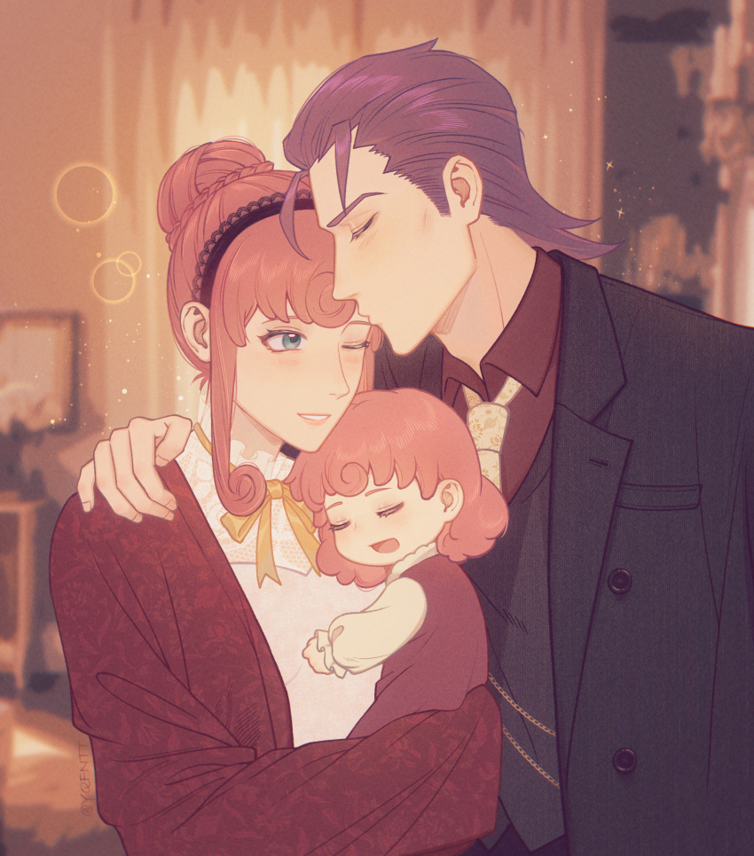 Safebooru - 1boy 2girls ace attorney black hairband black jacket black vest blue eyes carrying ...