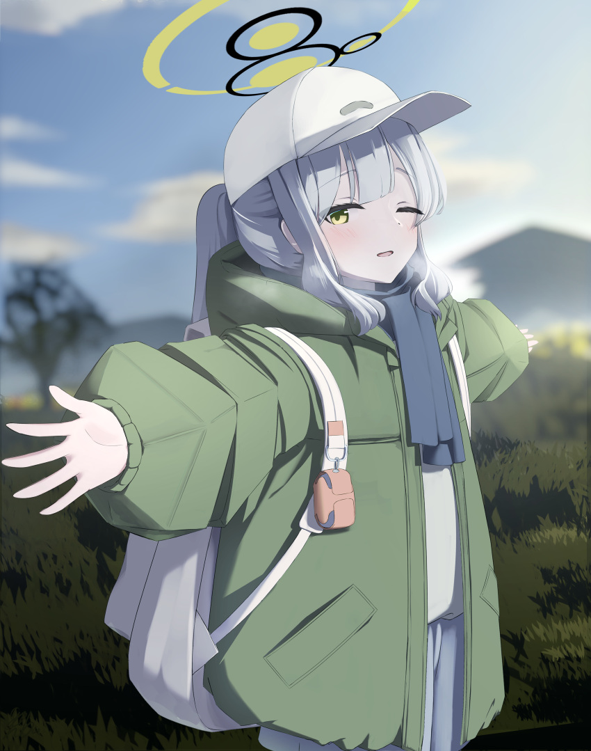 Safebooru - 1girl ;d absurdres backpack bag black halo black scarf blue archive blue sky blunt ...