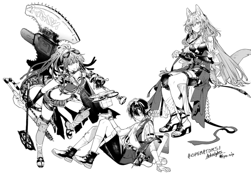 Safebooru - 1boy 2girls animal ear fluff arknights asymmetrical gloves axe belt pouch braid ...