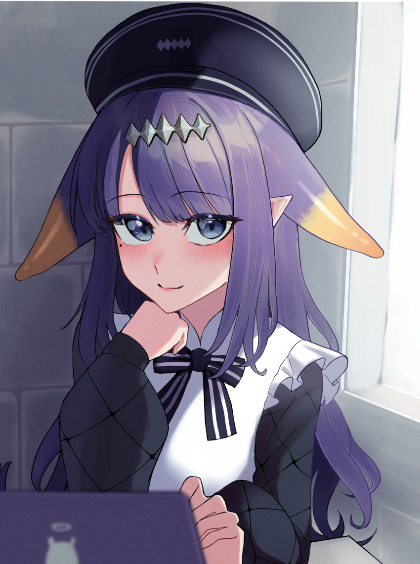 Safebooru - 1girl absurdres apron black bow black bowtie black hat blue eyes blunt bangs bow ...