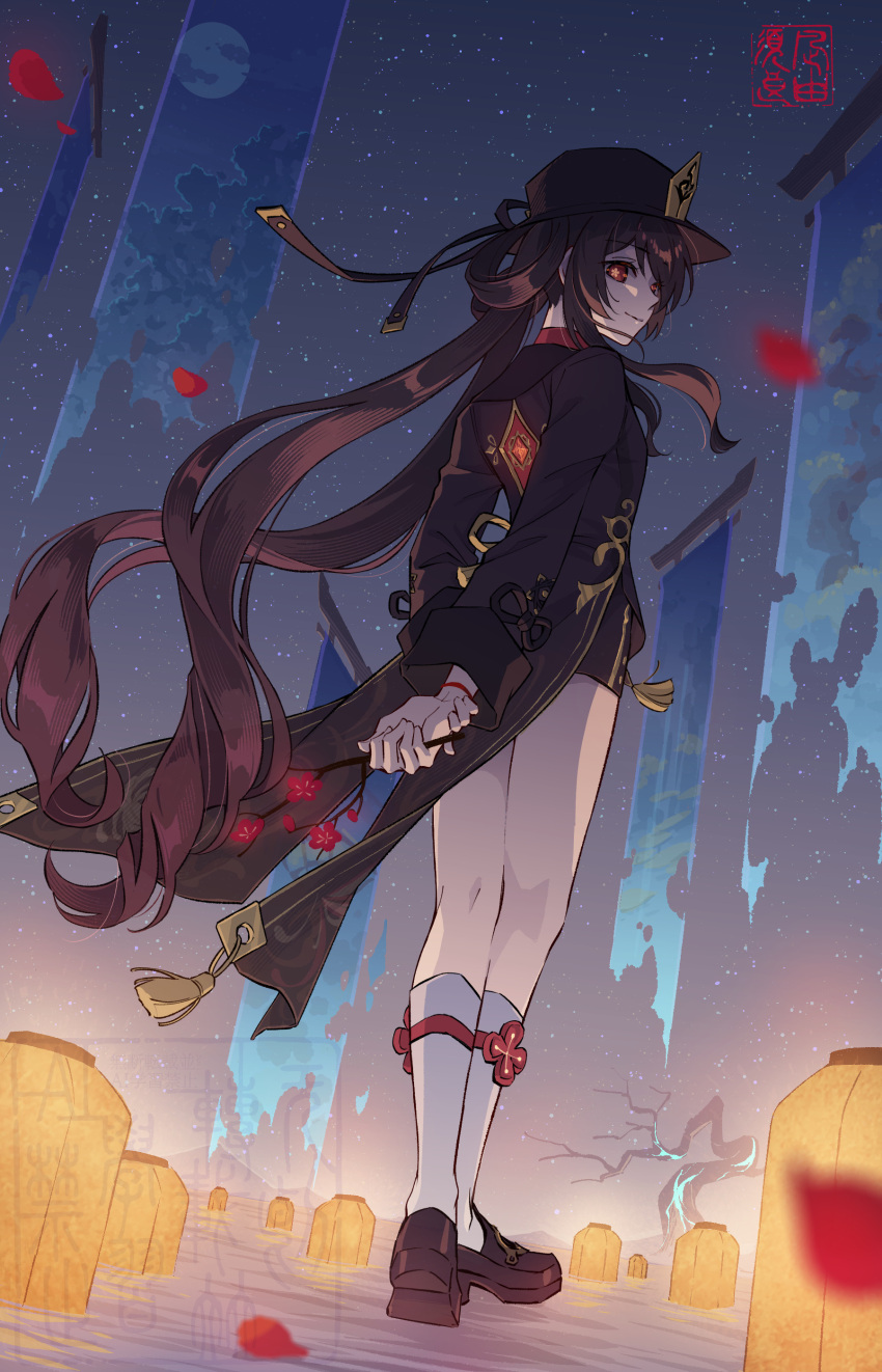 Safebooru - 1girl absurdres black hat black shorts brown hair brown jacket flower flower-shaped ...