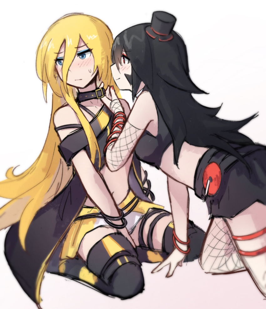 Safebooru - 2girls black choker black hair black shirt black skirt blonde hair blue eyes boots ...