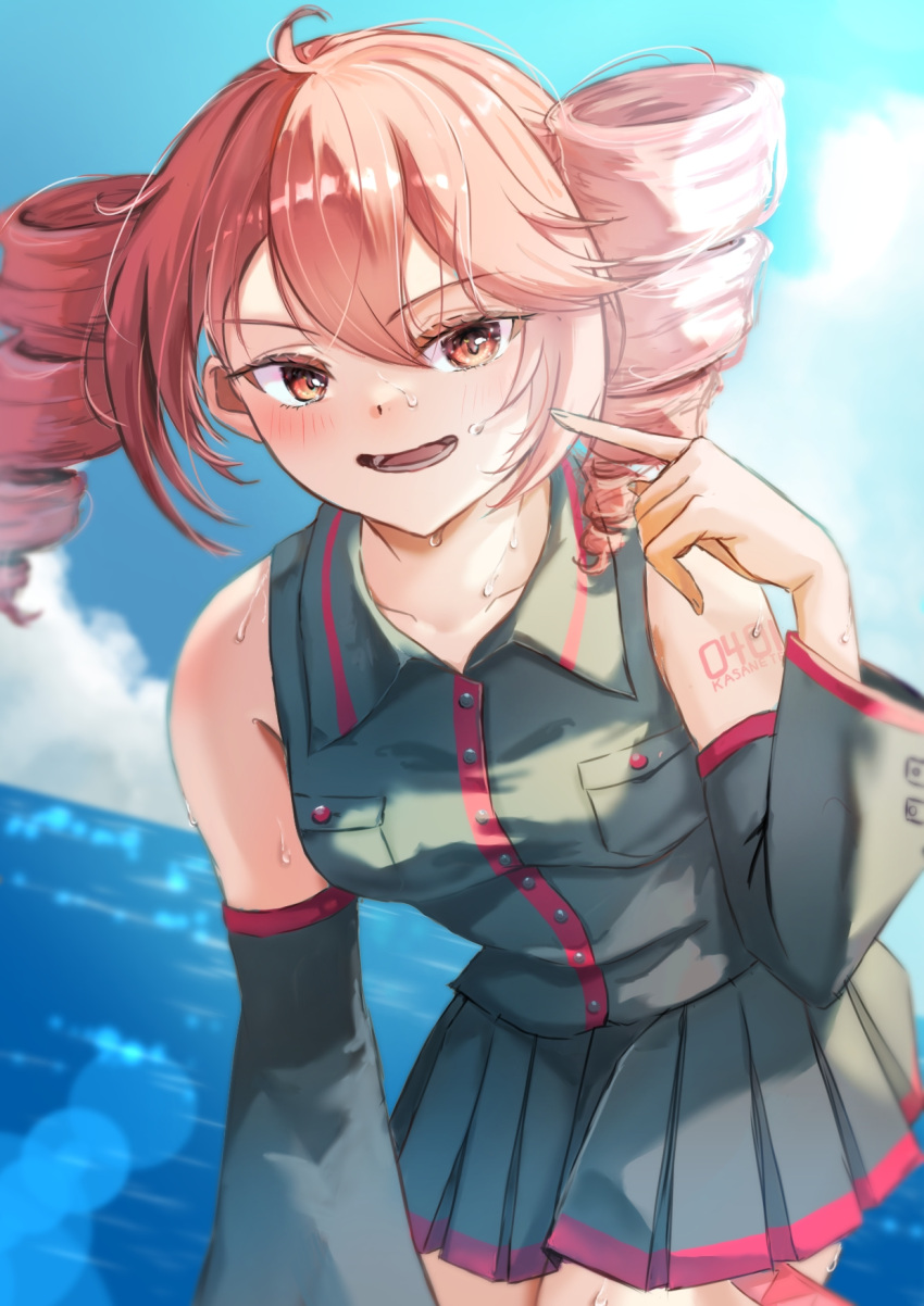 Safebooru - 1girl ahoge bare shoulders black shirt black skirt black sleeves blue sky breasts ...