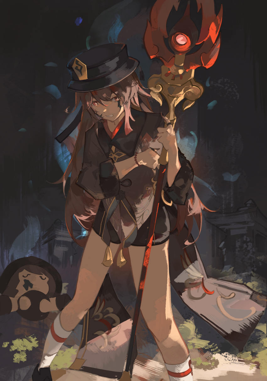 Safebooru - 1girl absurdres black hat black shorts brown hair brown jacket flower-shaped pupils ...