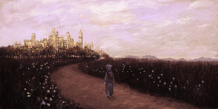 Safebooru - 1girl absurdres bag day flower hat highres landscape messenger bag mitsuaki takeuchi ...