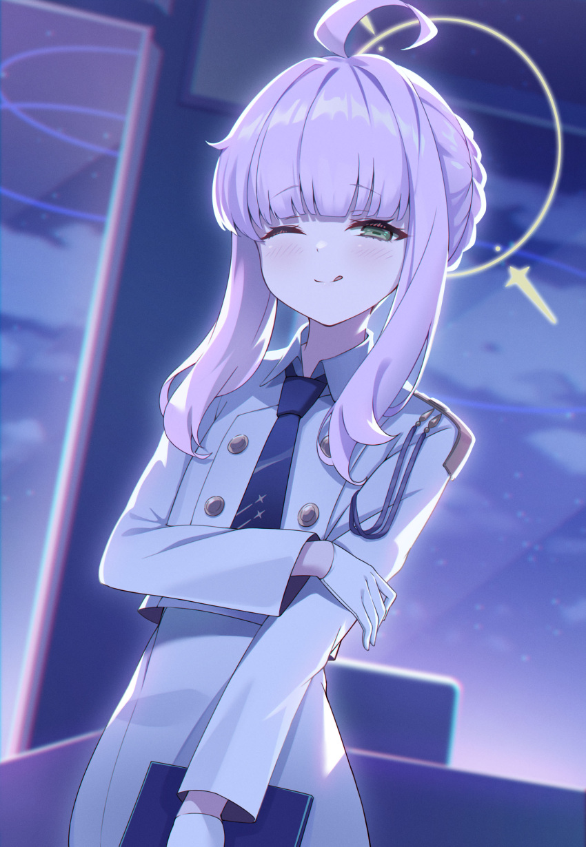 Safebooru - 1girl ;q absurdres ahoge black shirt blue archive blue necktie blunt bangs blush ...