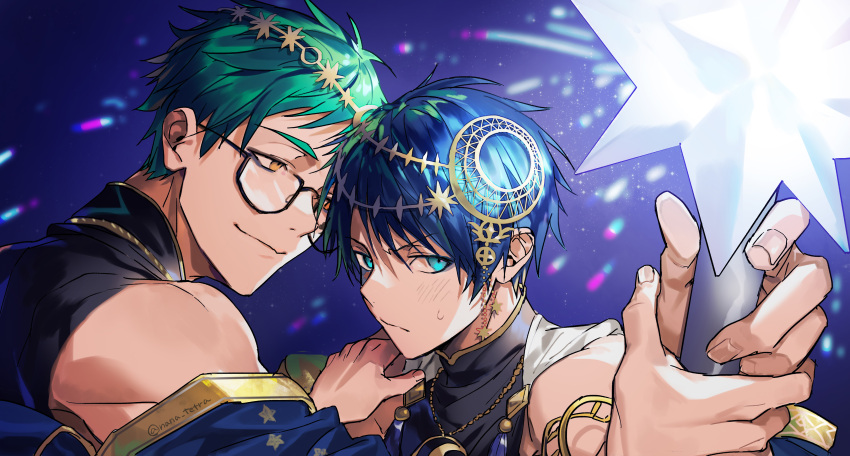 Safebooru - 2boys absurdres ace trappola aqua eyes bare shoulders black-framed eyewear black ...