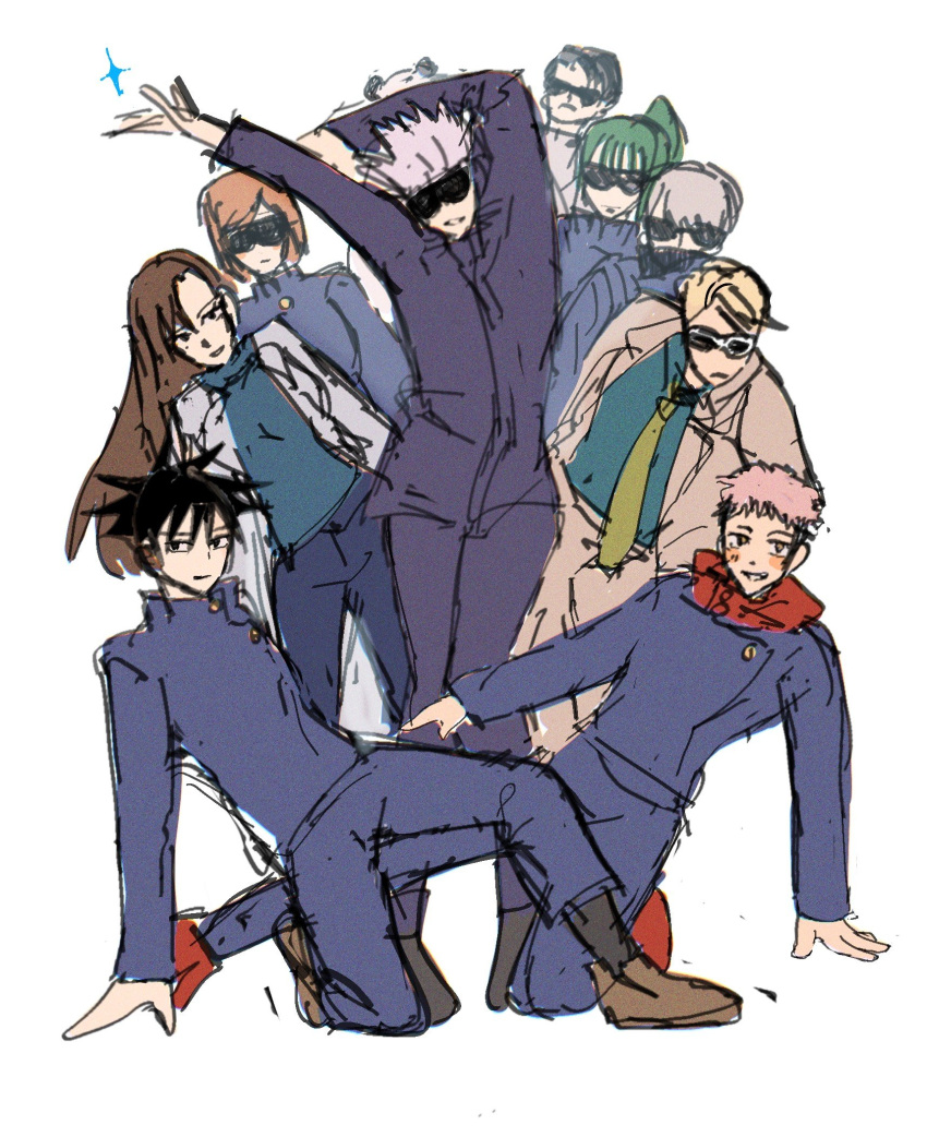 Safebooru - 3girls 6+boys aespa arms up black hair blush commentary ...