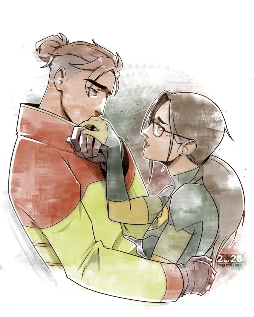 Safebooru - 1boy 1girl 2025 baekun art blush bodysuit brown hair couple ...