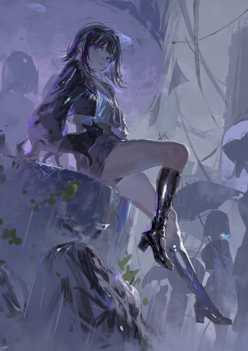 Safebooru - 1girl absurdres arm support black cat black hair black nails boots cat commentary ...