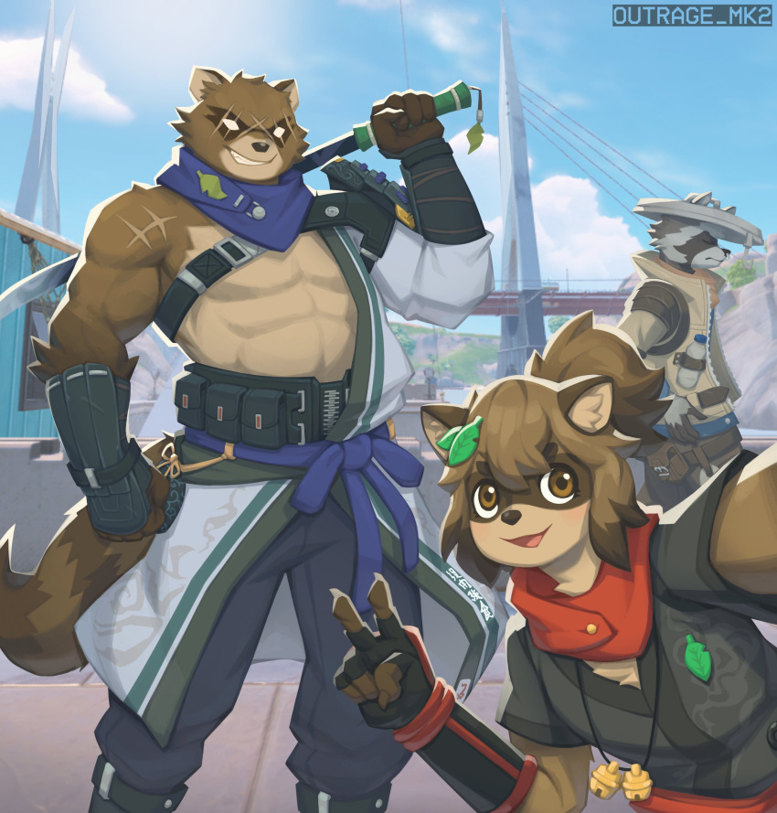 Safebooru - 2boys abs absurdres animal ears blue sky bridge character ...