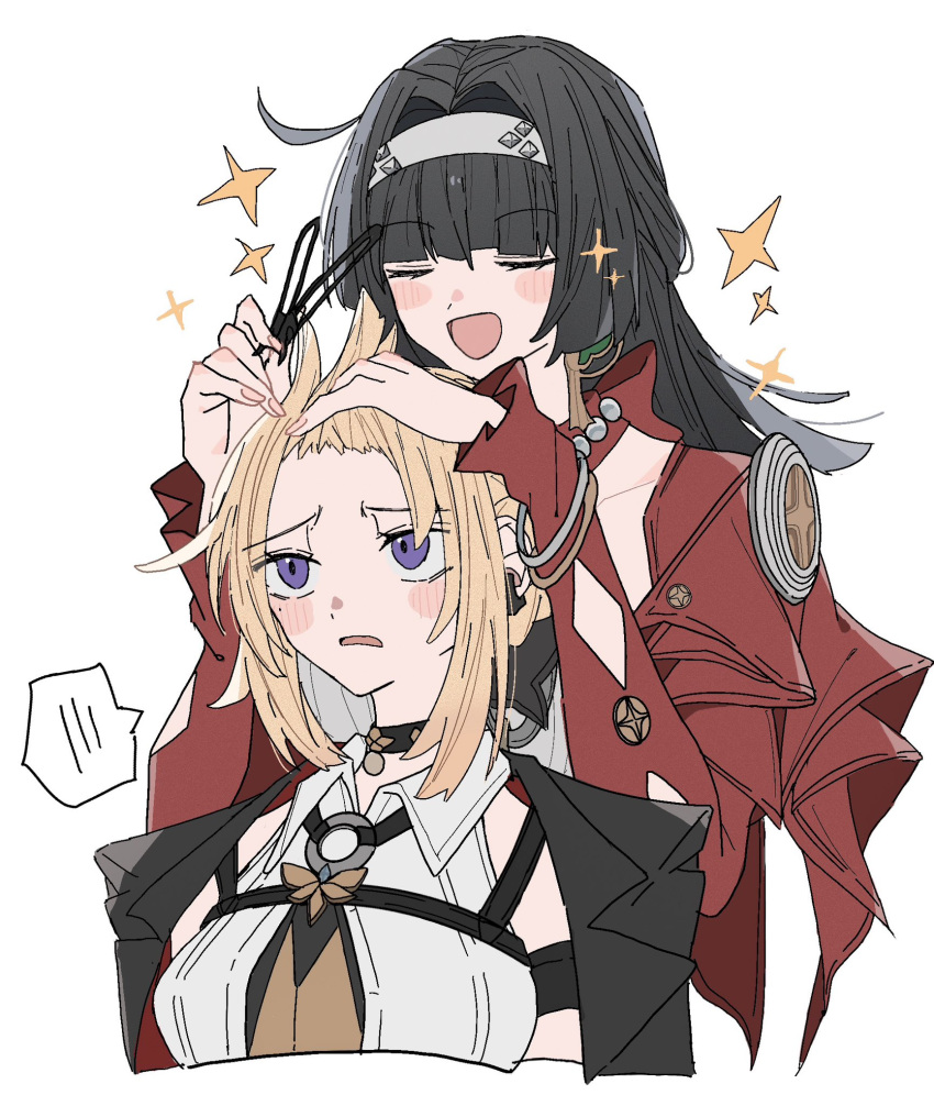 Safebooru - 2girls astra yao black hair blonde hair blush cropped torso earrings evelyn ...