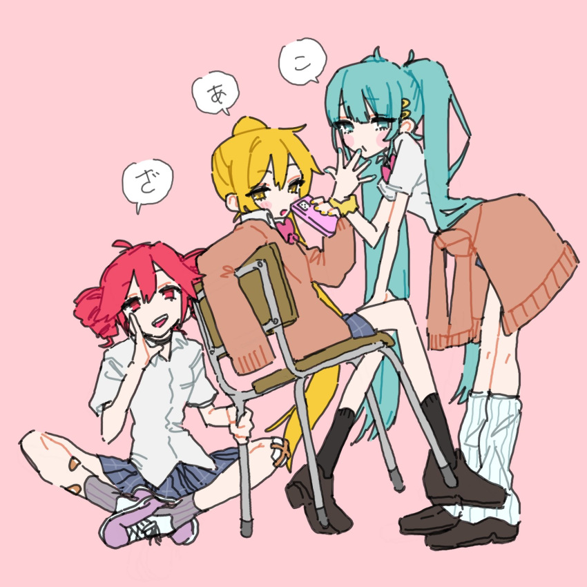 Safebooru - 3girls akita neru ao 6336 aqua eyes aqua hair aqua nails black socks blonde hair ...