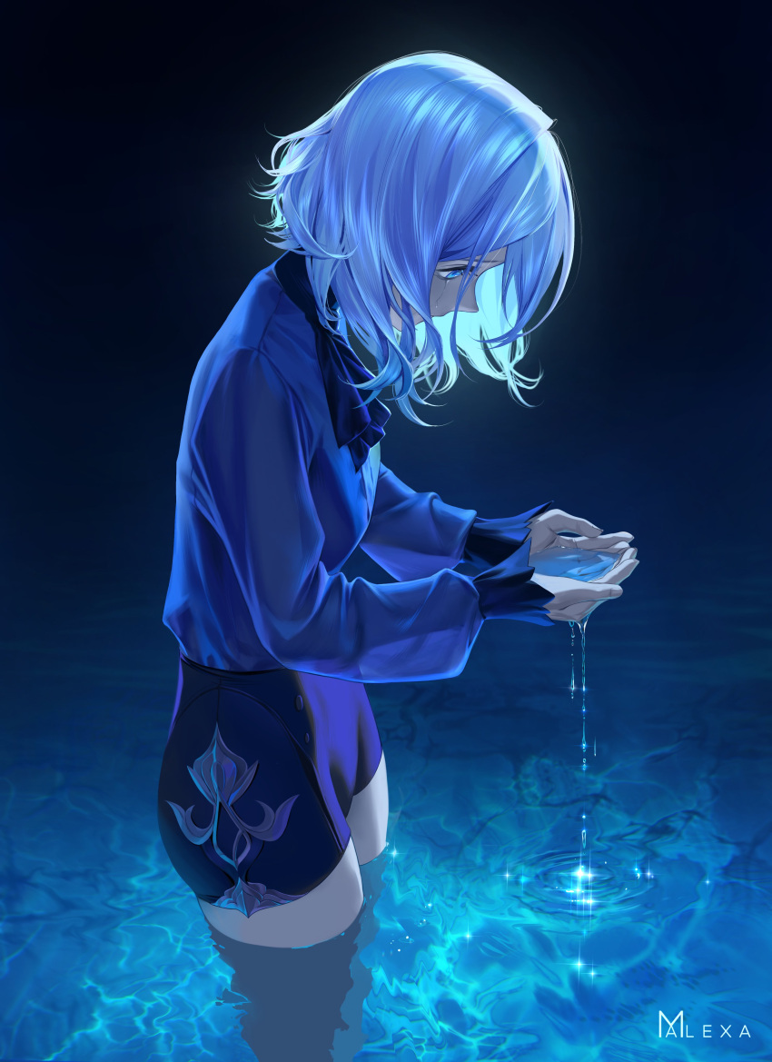 Safebooru - 1girl absurdres alternate costume artist logo ascot blue ascot blue eyes blue hair ...