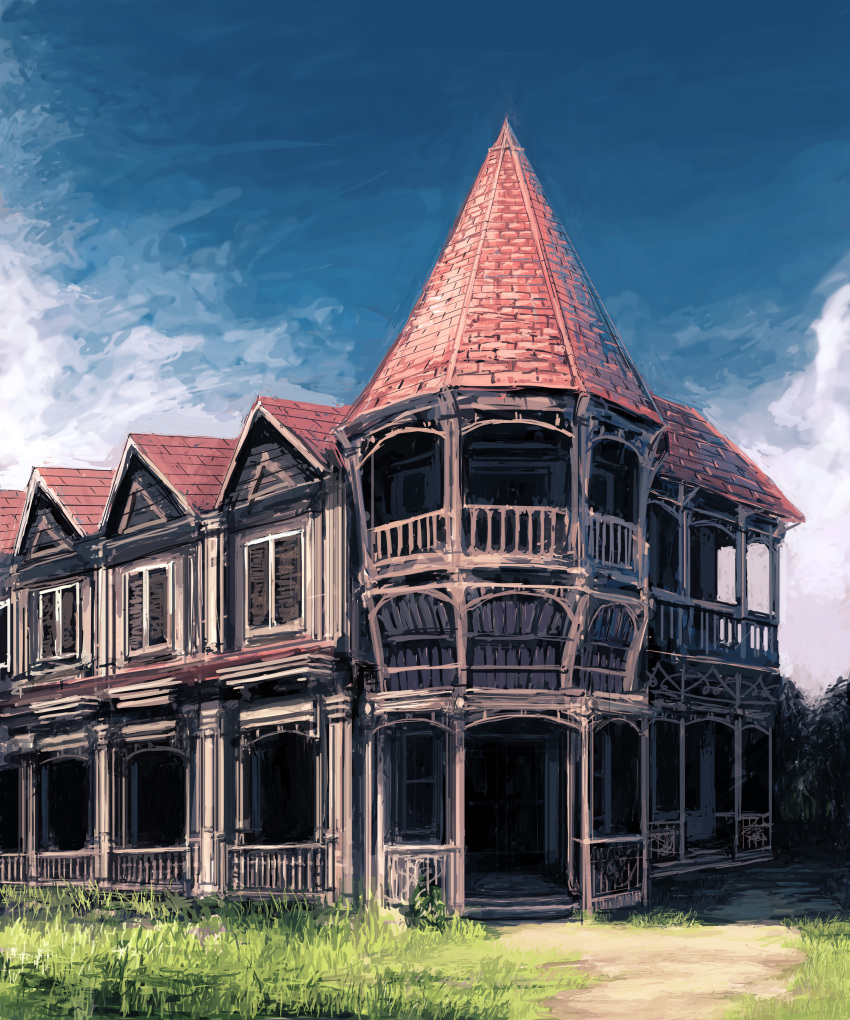 Safebooru - absurdres balcony blue sky building clouds day grass highres mitsuaki takeuchi no ...
