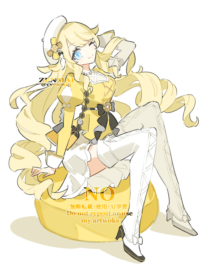 Safebooru - 1girl arm behind head beret blonde hair blue eyes boots closed mouth cyenmi3 drill ...