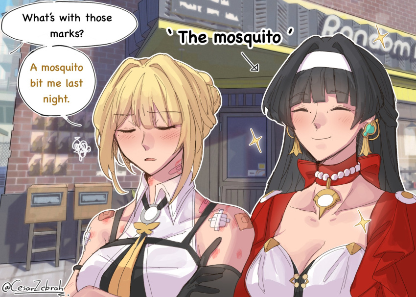 Safebooru - 2girls astra yao black hair blonde hair blush breasts cesar zebrah closed mouth ...