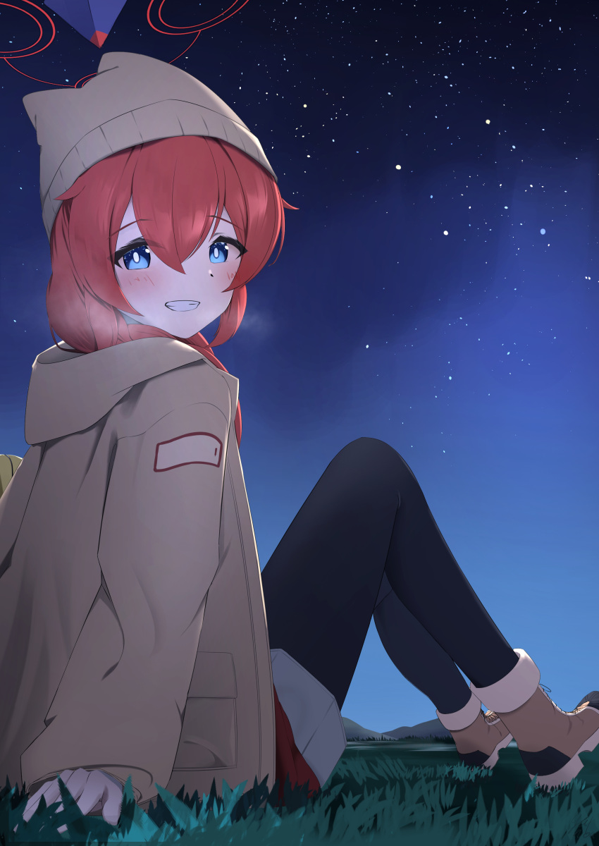 Safebooru - 1girl :d absurdres animal ear headwear arm at side beanie black pantyhose blue ...