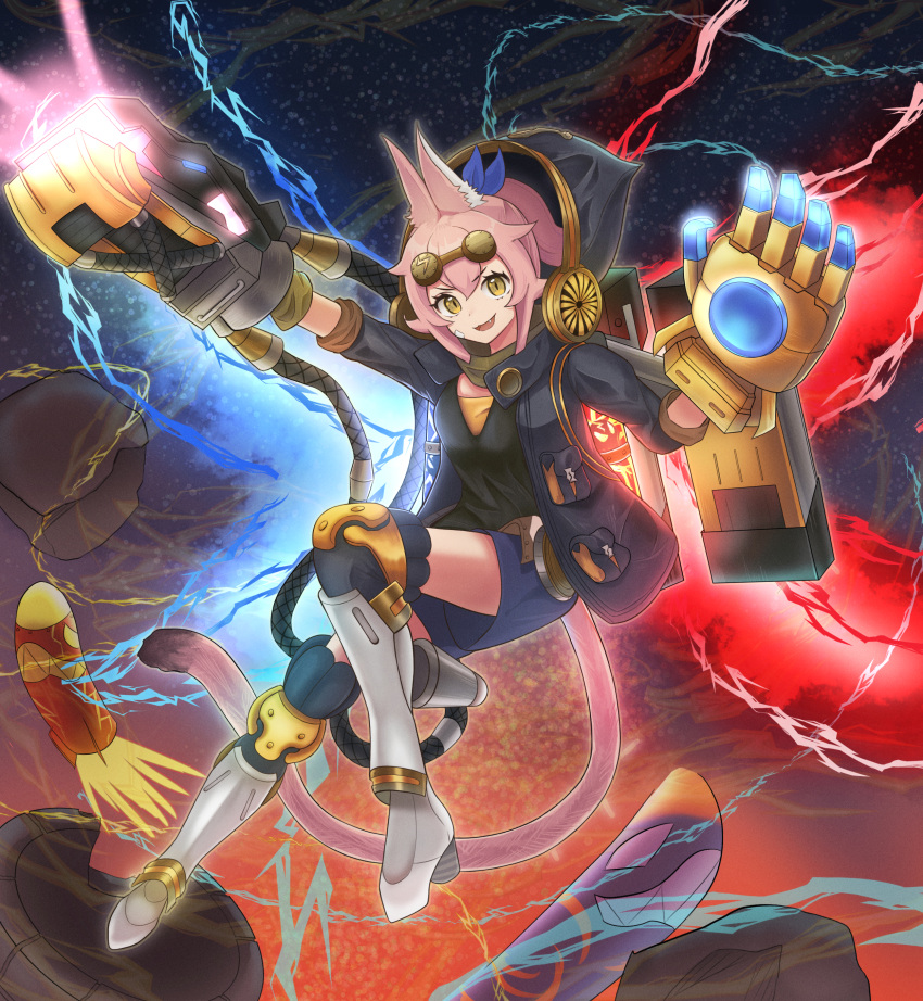 Safebooru - 1girl absurdres animal ears black hoodie black shirt blue shorts cat tail debris ...