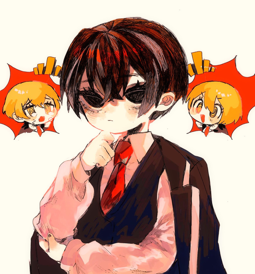 Safebooru - 1girl 2boys black eyes black hair black jacket black vest ...