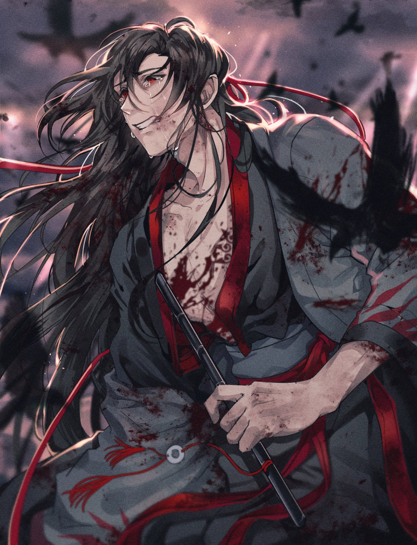 Safebooru - 1boy bird black hair black hanfu blood blood on clothes blood on face blurry chinese ...